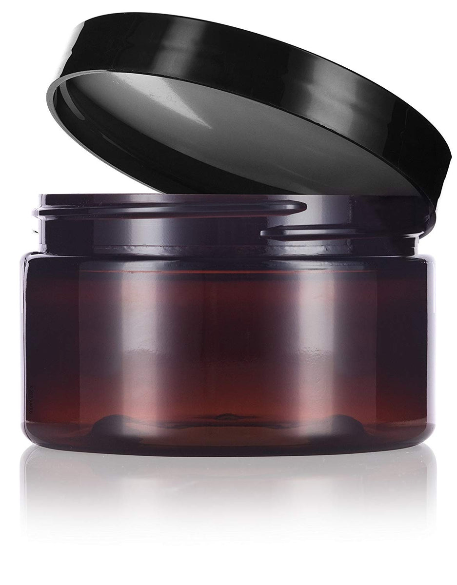 12 oz Amber Plastic Low Profile Jar in with Black Foam Lined Lid (12 Pack)