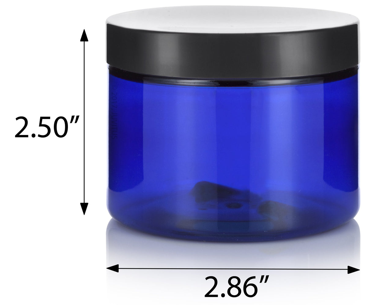 6 oz Cobalt Blue Plastic Low Profile Jar with Black Foam Lined Lid (12 ...