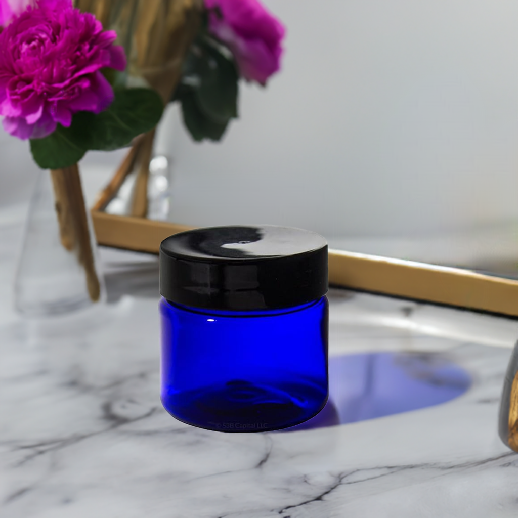1 oz Cobalt Blue Plastic Straight Sided Jar with Black Foam Lined Lid ...