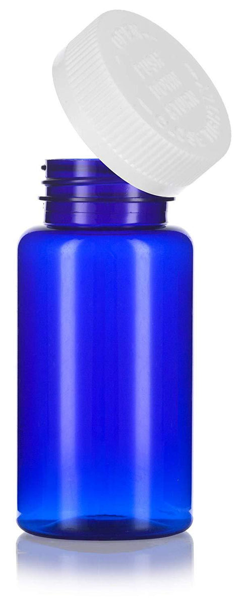5 oz Cobalt Blue Plastic Wide Mouth Packer Bottle with White Lid